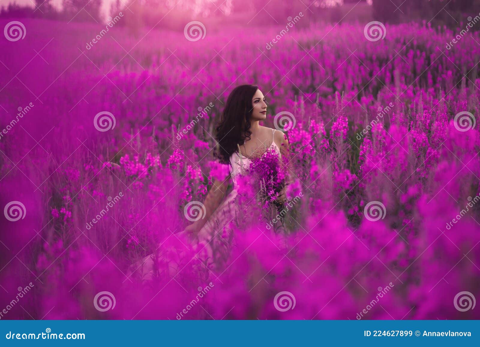 A Beautiful Girl In A Pink Dress Standing In A Pink Field Of Willow
