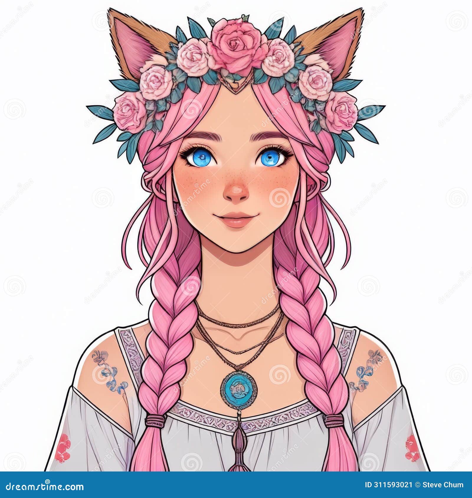 Beautiful Girl With Pink Hair And Floral Wreath Vector Illustration