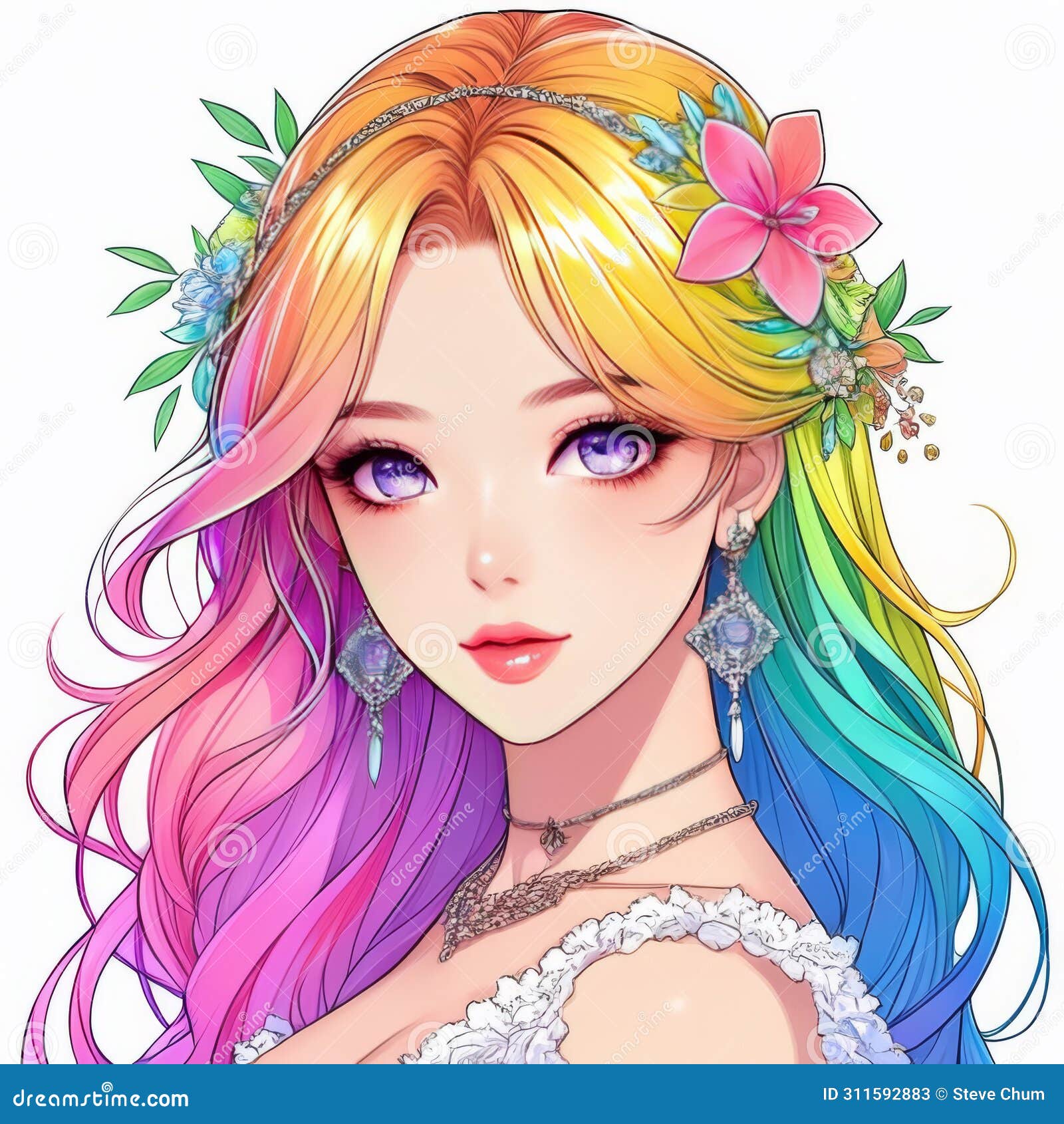 Beautiful Girl With Pink Hair And Flowers In Her Hair Vector