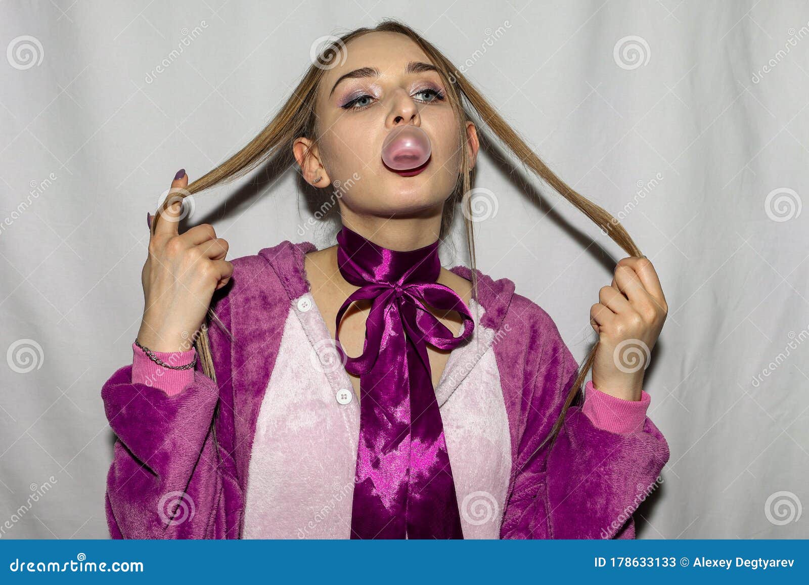 Cute Girl In Pink Chewing Gum And Blowing Bubbles Stock Image Image