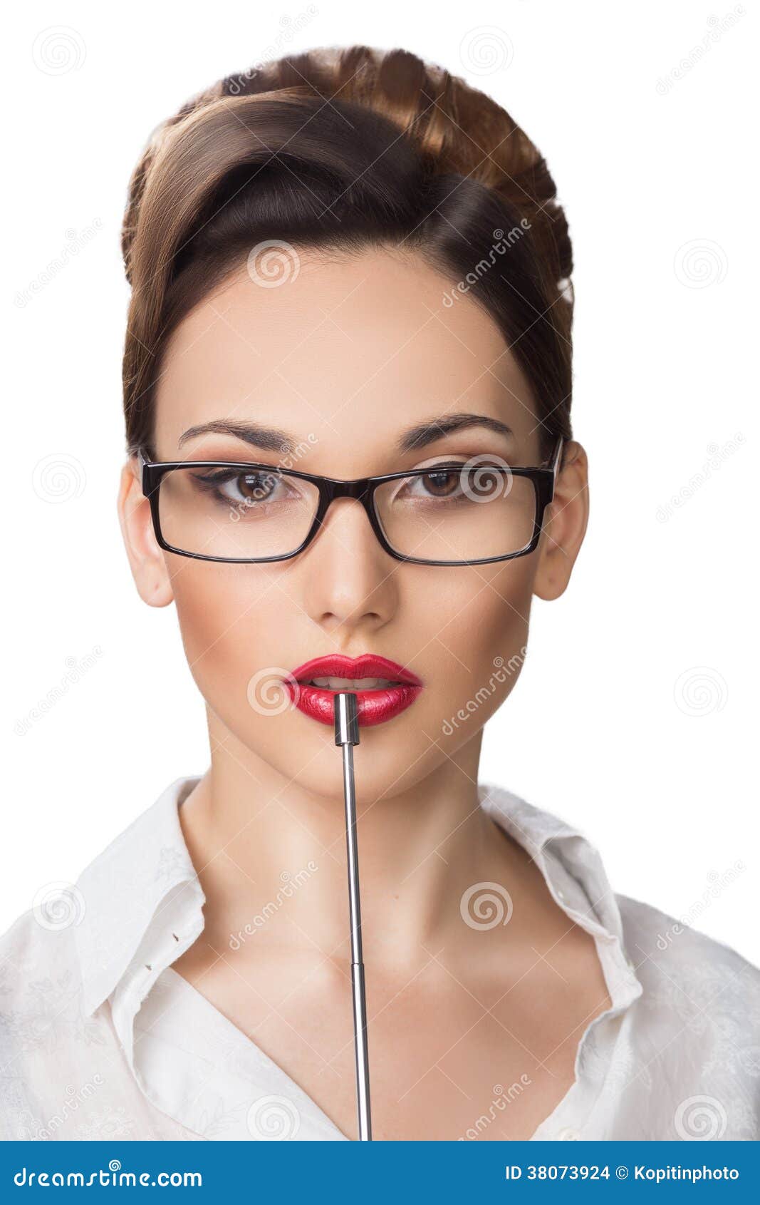 Beautiful Girl with a Pointer in Points Stock Photo - Image of lips ...