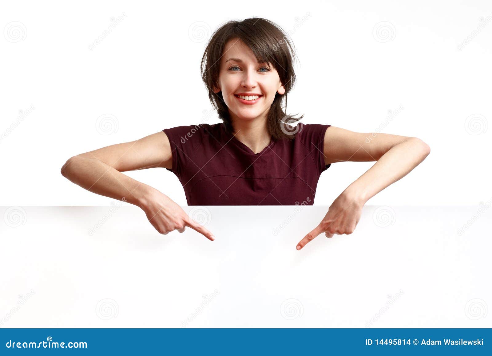 Beautiful Girl Pointing Her Fingers Down Stock Photo - Image of ...