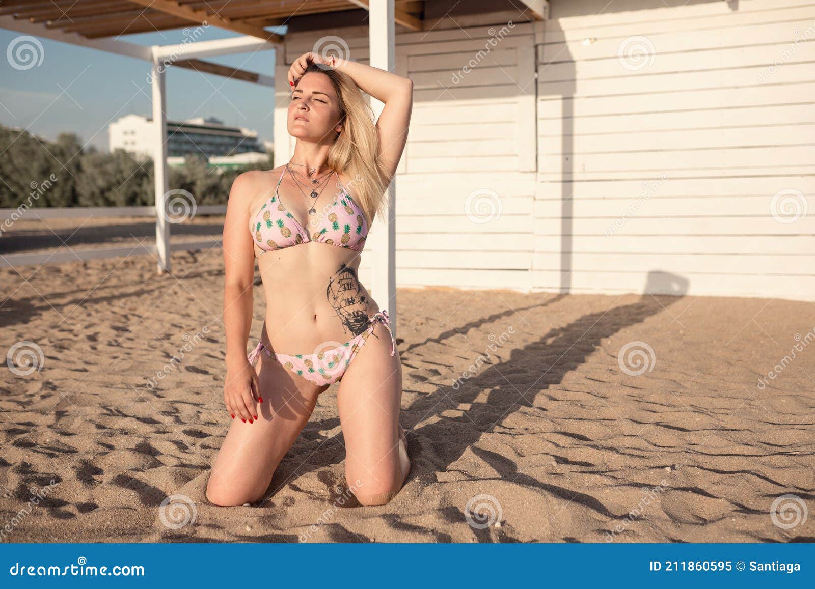Beautiful Girl Posing On The Beach In Bikini Sand And Wooden Fence