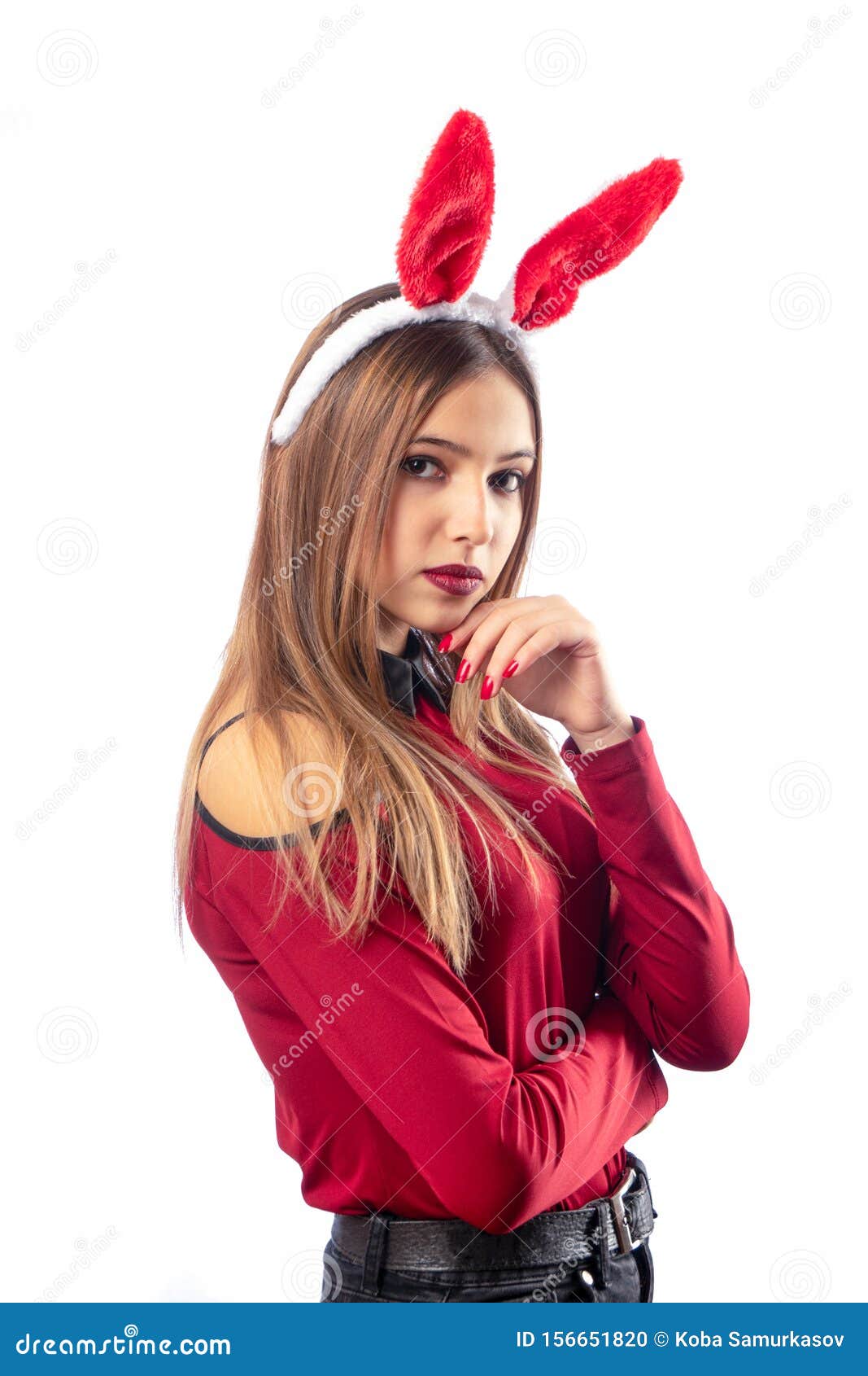 Beautiful Girl with Rabbit Accessory Posing on White Background Stock ...