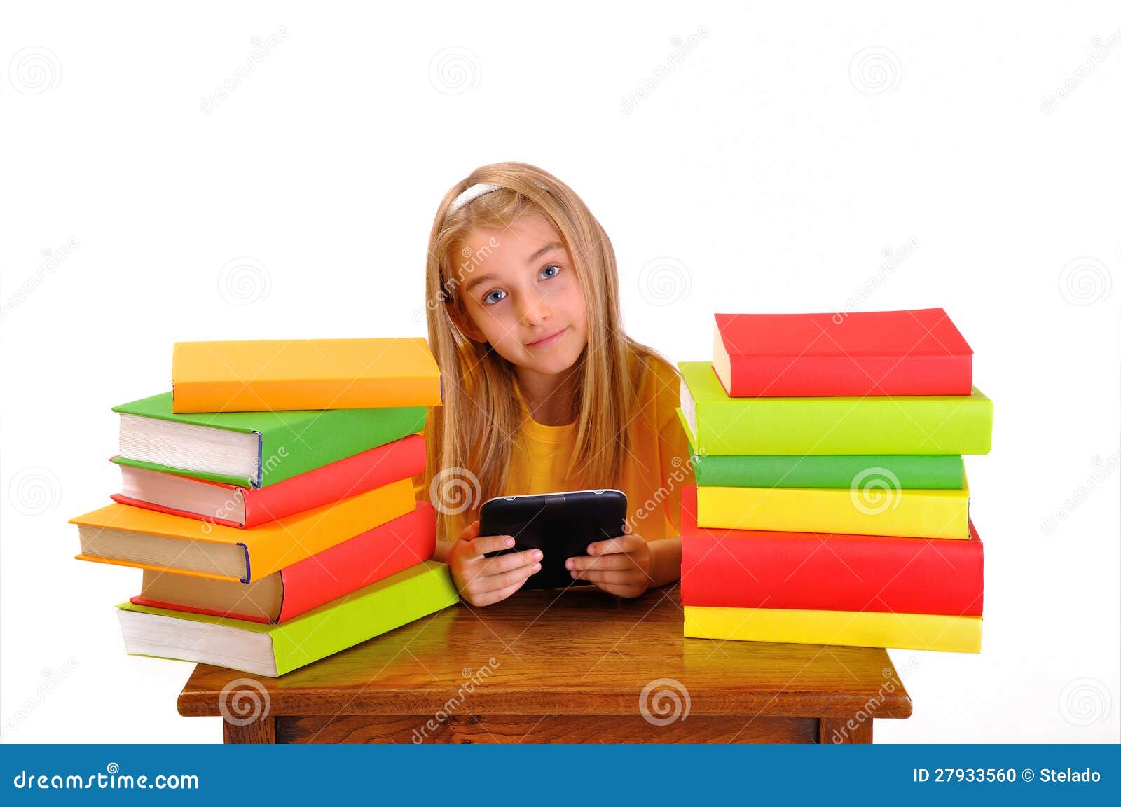 Beautiful Girl Reading E-book Surrounded by Books Stock Photo - Image ...