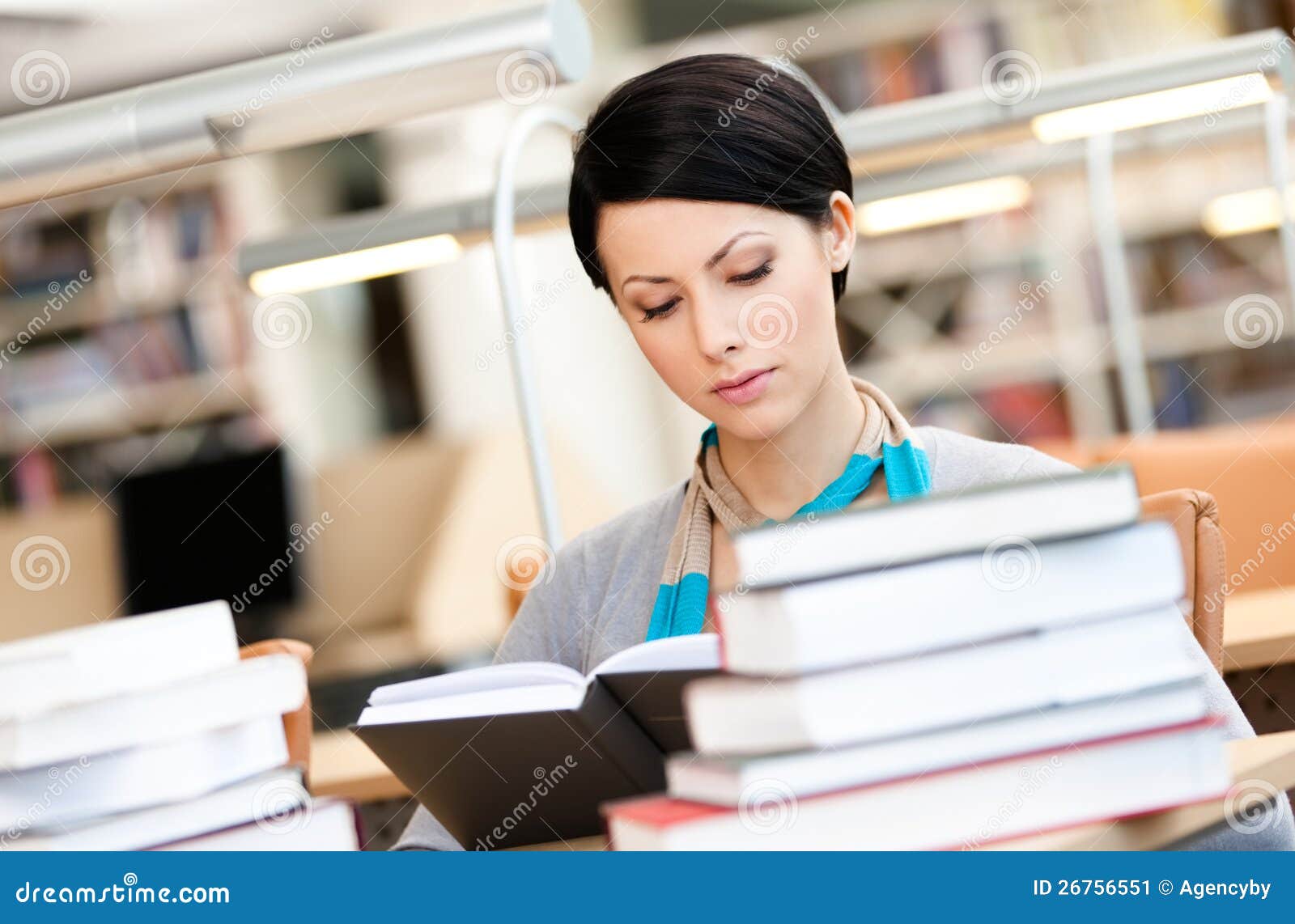 Beautiful Girl Reads at the Library Stock Image - Image of color, book ...