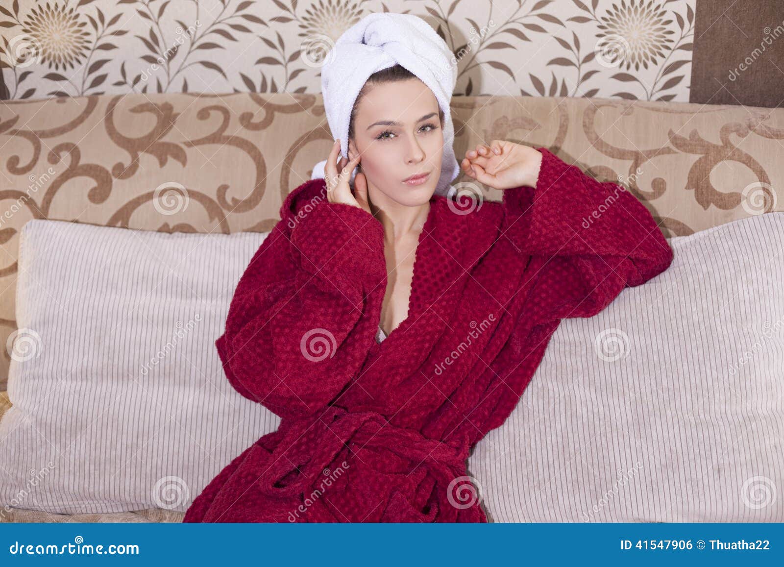 Beautiful Girl in a Red Bathrobe Stock Photo - Image of relax, bathrobe ...