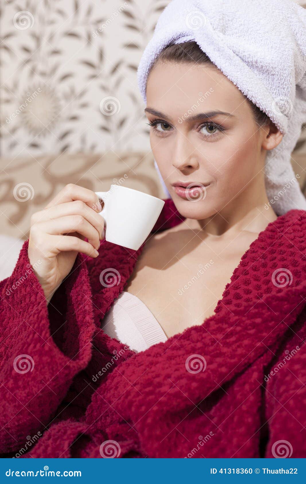 Beautiful Girl in Red Bathrobe Drinking Coffee in the Bed Stock Photo ...