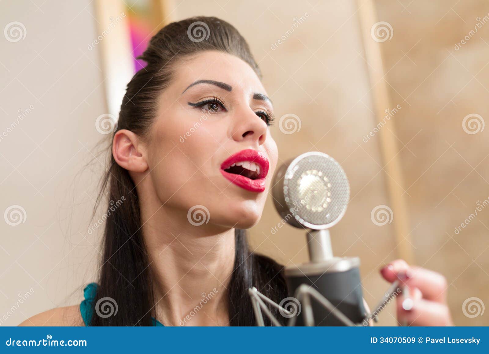 Beautiful Girl with Red Lips in Room with Microphone Stock Image ...