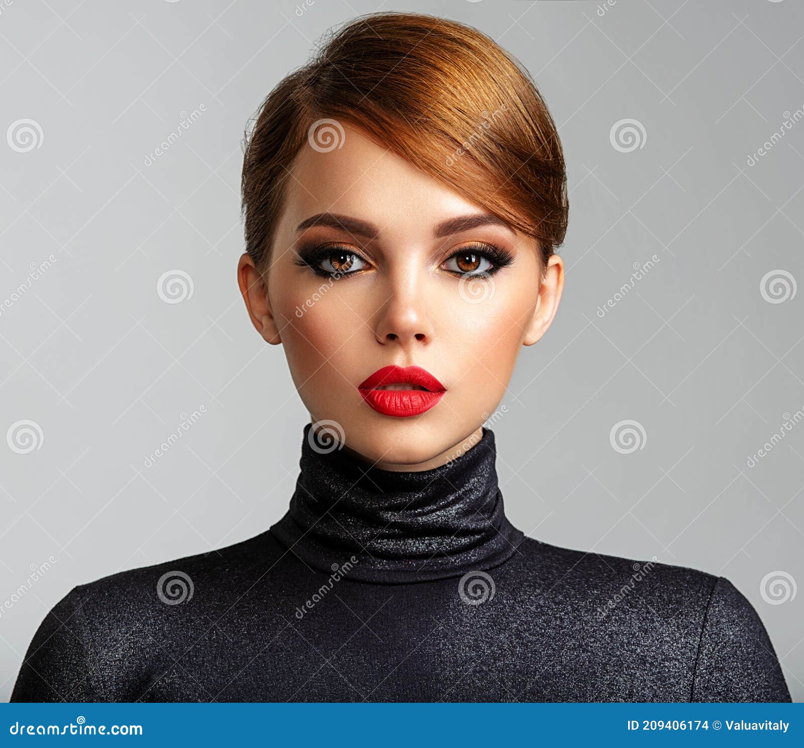 Beautiful Girl With Red Lips And Short Hair Pretty Face Of An Young