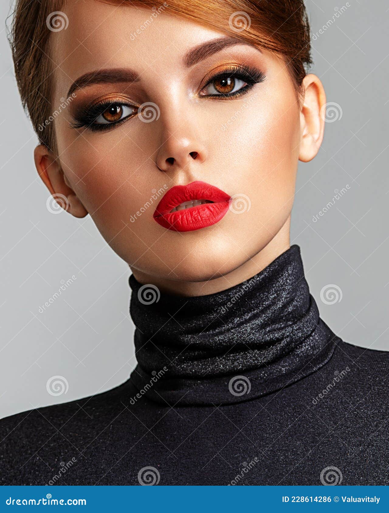 Beautiful Girl With Red Lips And Short Hair Pretty Face Of An Young