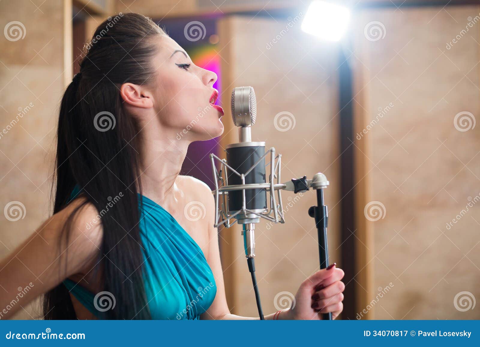 Beautiful Girl with Red Lips Sing with Microphone Stock Image - Image ...
