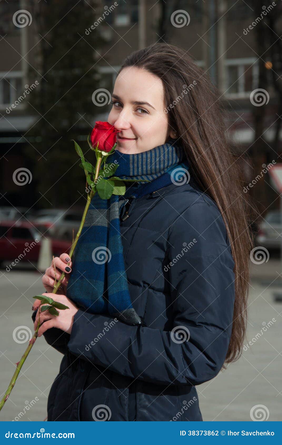 Beautiful Girl with Red Rose in Hand Smiling Stock Photo - Image of ...