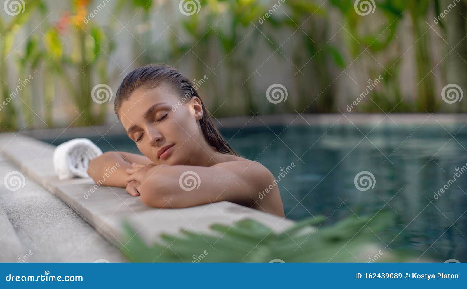 Beautiful Girl Relaxes Around the Pool. Spa Stock Image - Image of body ...