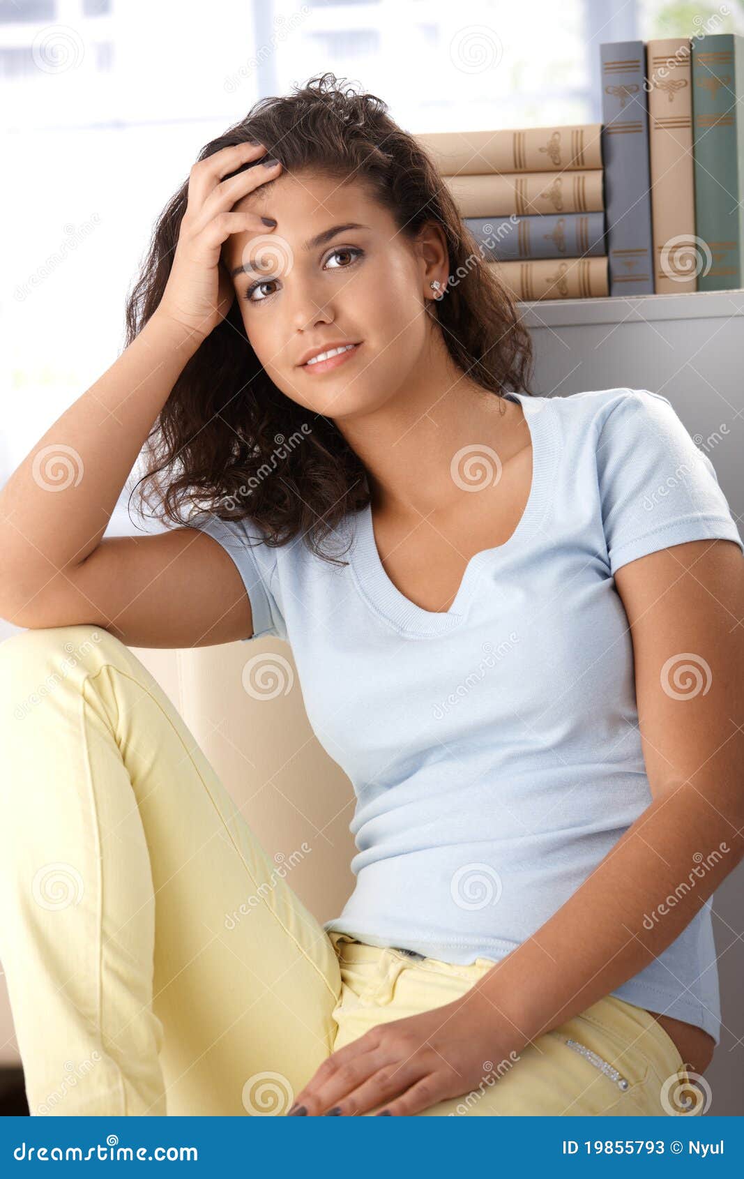 Beautiful Girl Resting at Home Smiling Stock Image - Image of casual ...