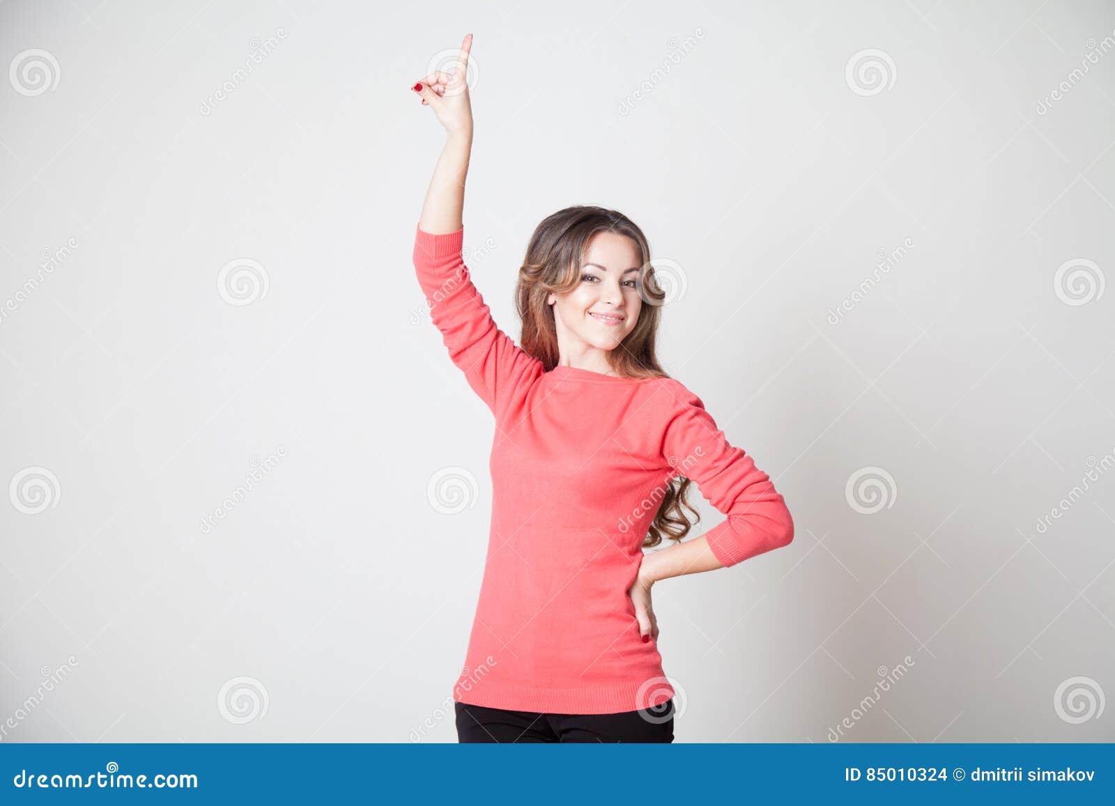 Beautiful Girl Shows Hands Upward Stock Photo - Image of direction ...