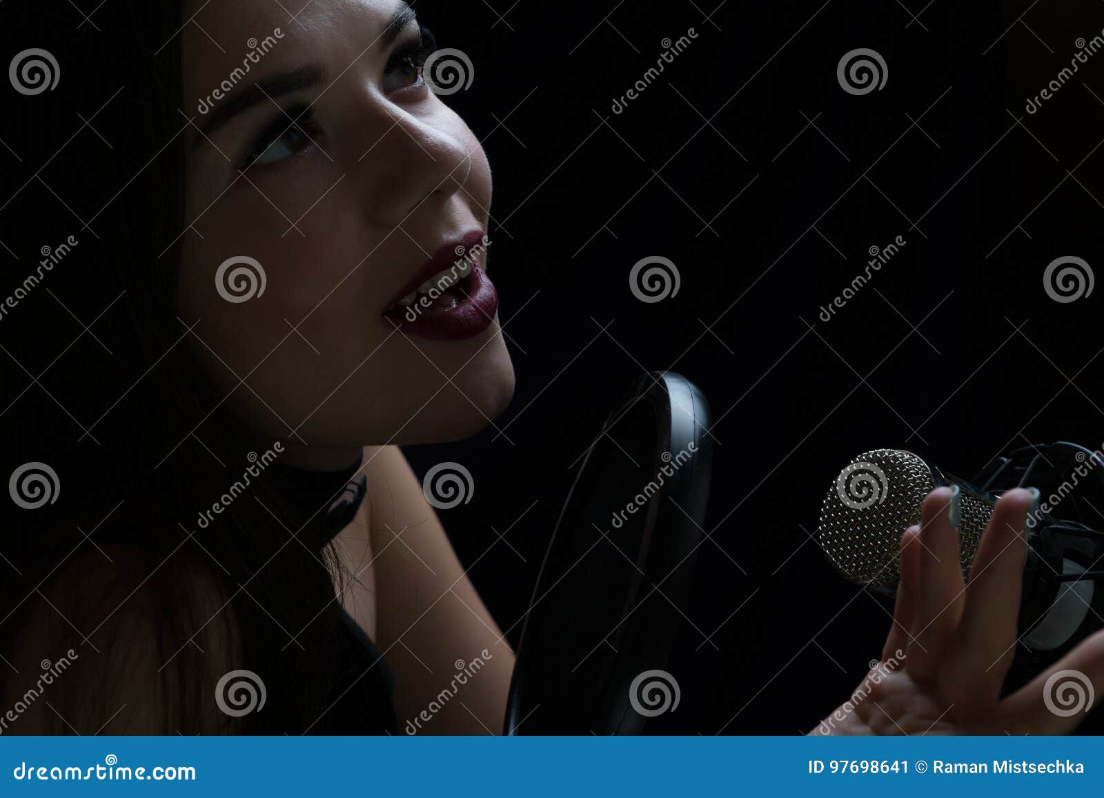 Beautiful Girl Singing in Recording Studio with Microphone Stock Image ...