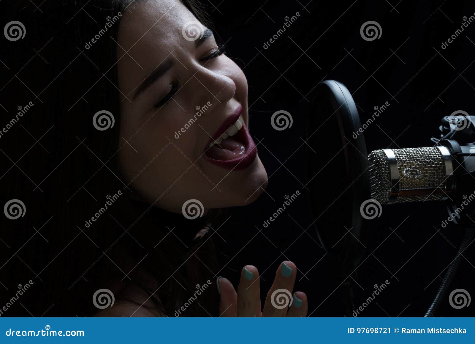 Beautiful Girl Singing in Recording Studio with Microphone Stock Image ...