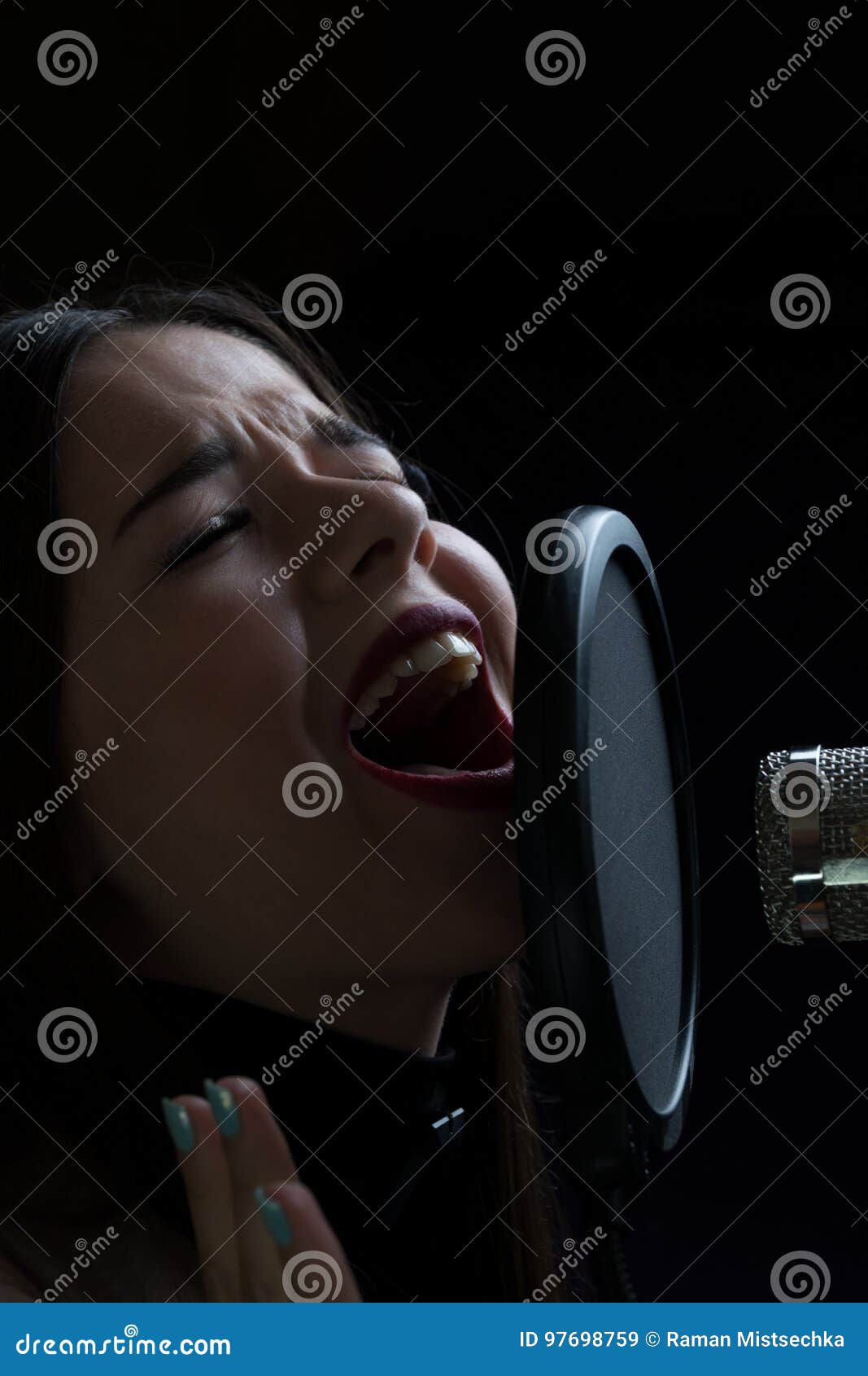 Beautiful Girl Singing in Recording Studio with Microphone Stock Image ...