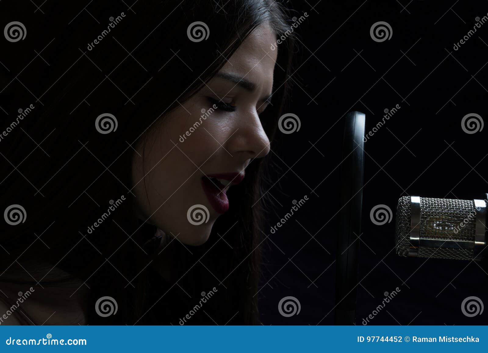 Beautiful Girl Singing in Recording Studio with Microphone Stock Photo ...
