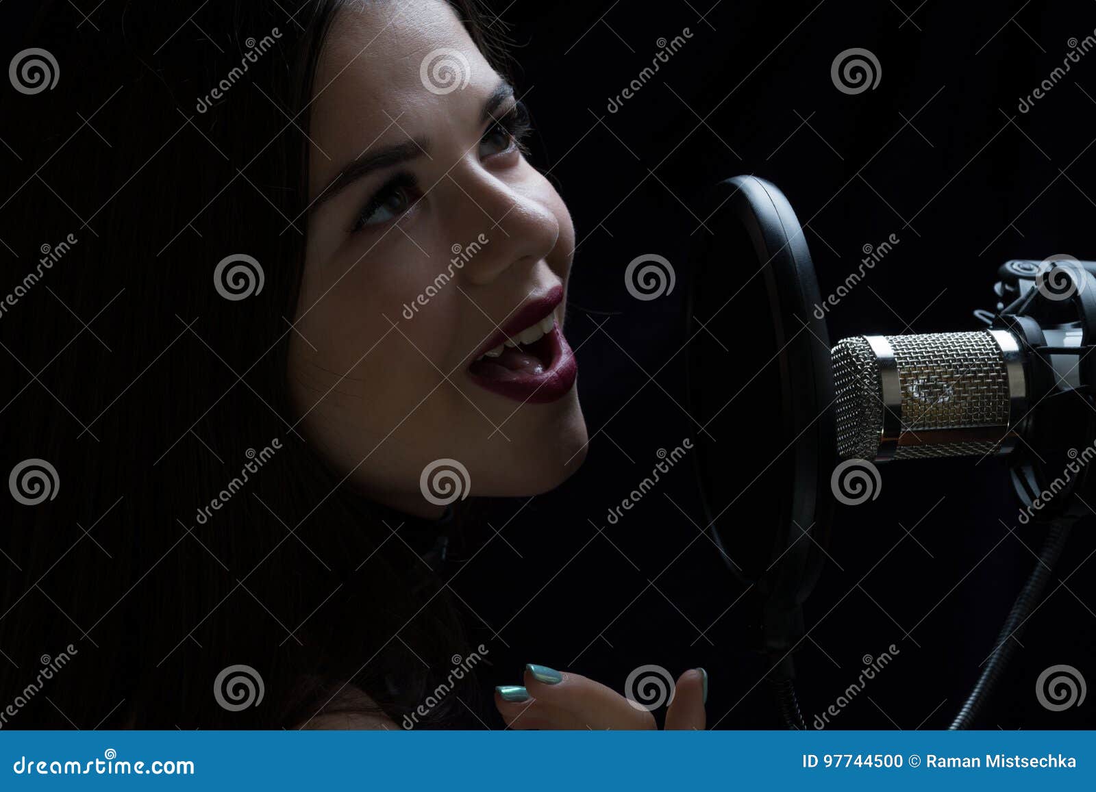 Beautiful Girl Singing in Recording Studio with Microphone Stock Photo ...