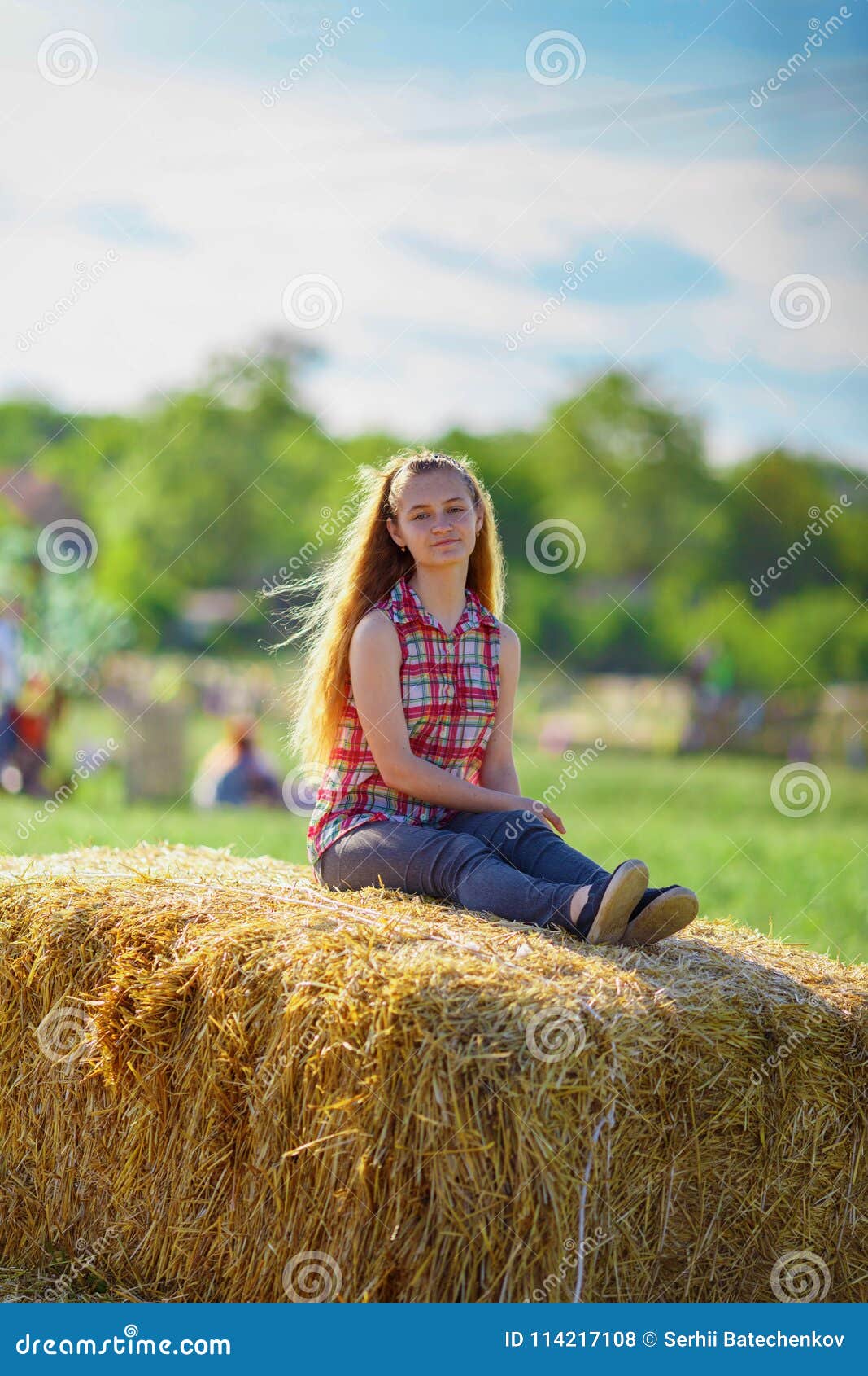 Beautiful Girl Sits on a Haystack Stock Photo - Image of beauty, posing ...