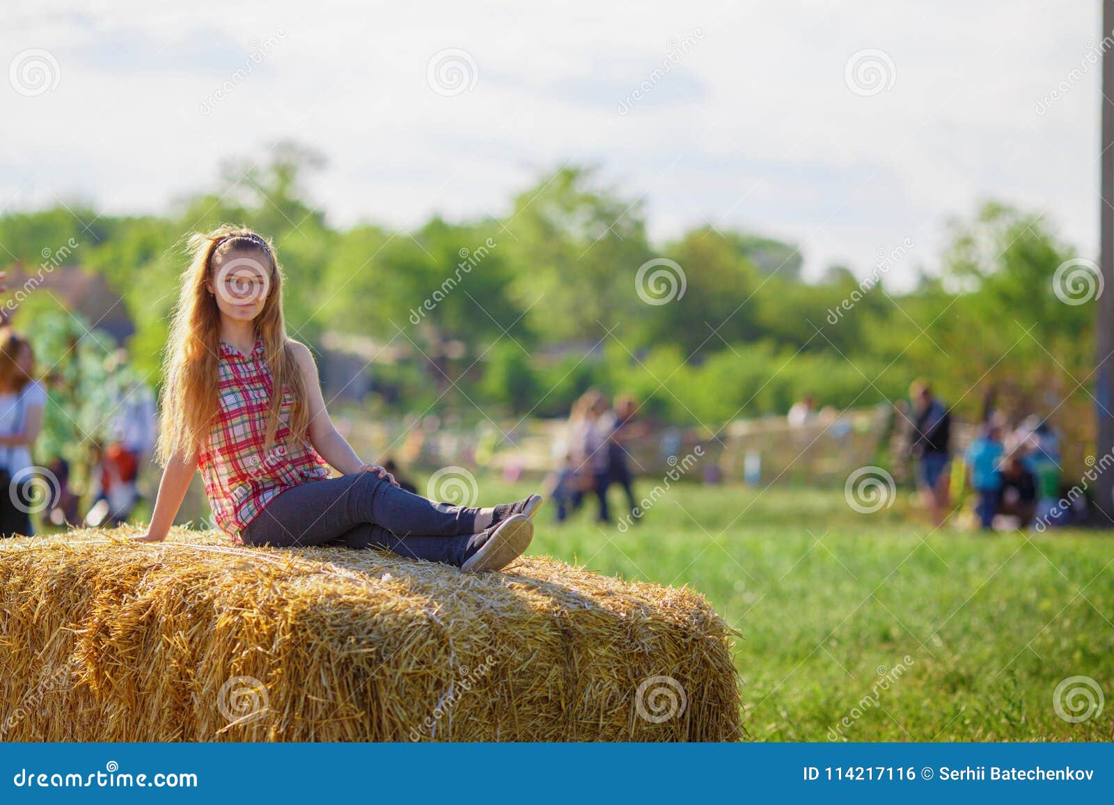 Beautiful Girl Sits on a Haystack Stock Photo - Image of people, summer ...