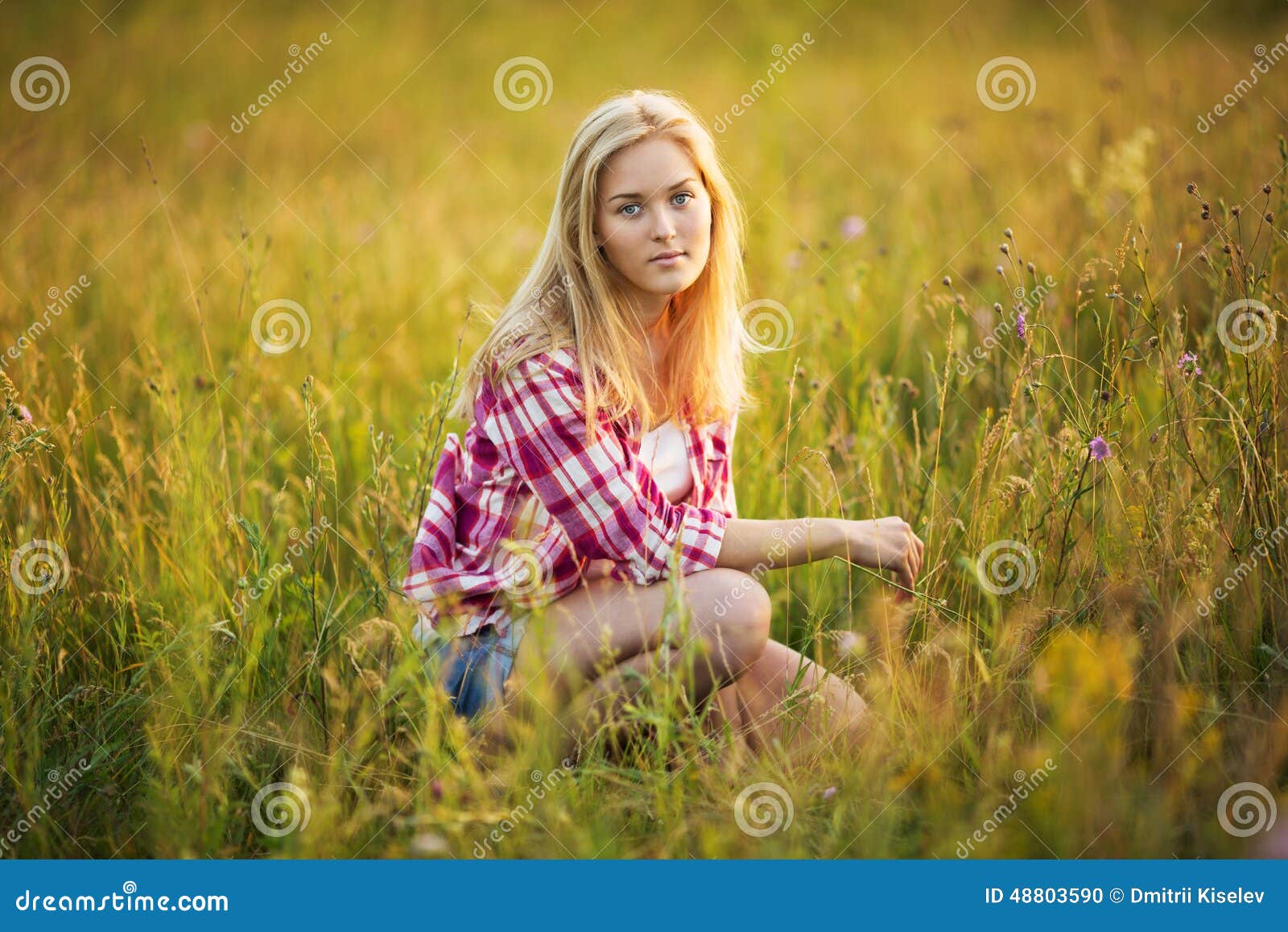 Beautiful Girl is Sitting in the Grass Stock Photo - Image of field ...