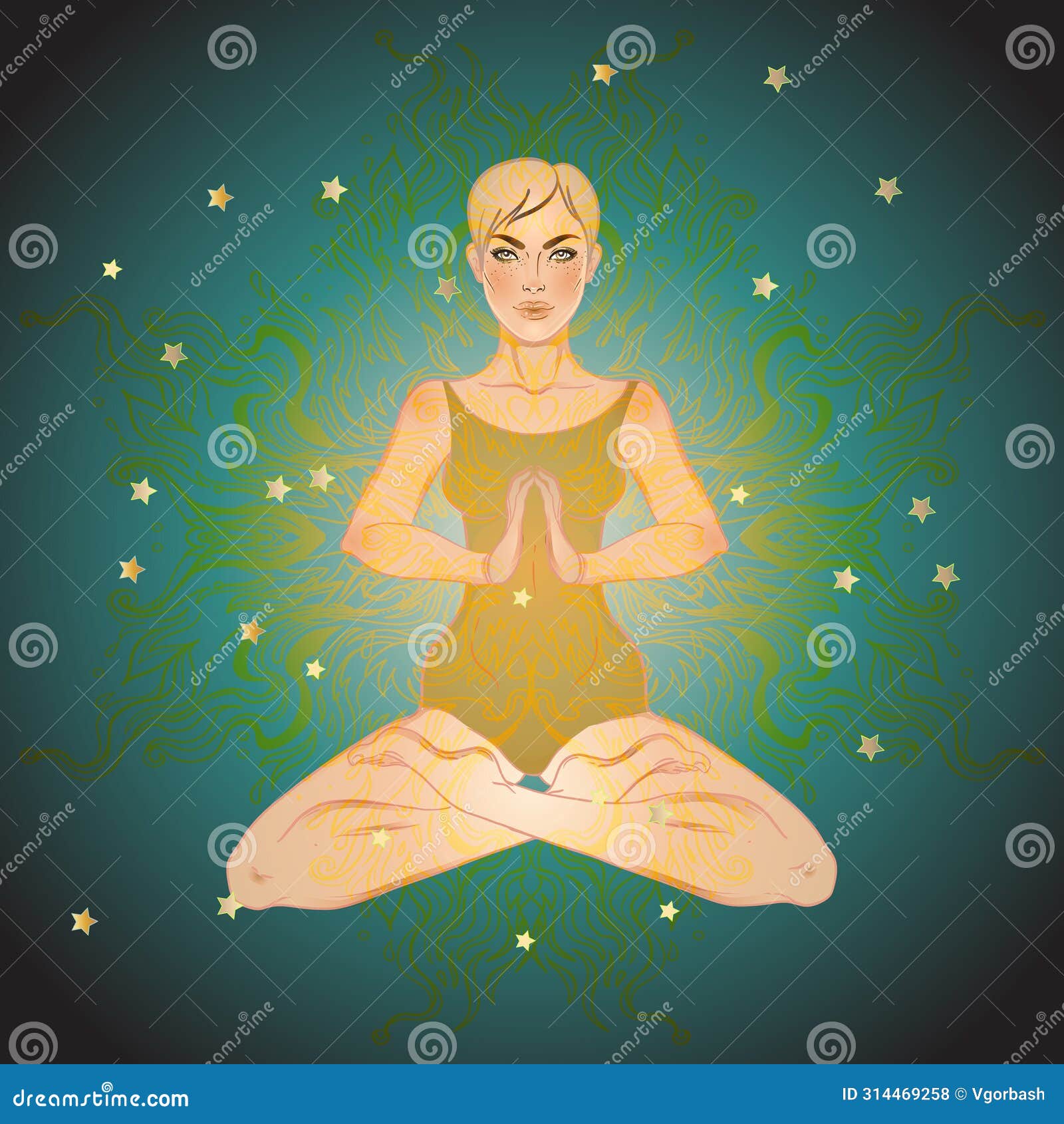 Beautiful Girl Sitting In Lotus Position Over Ornate Colorful Neon