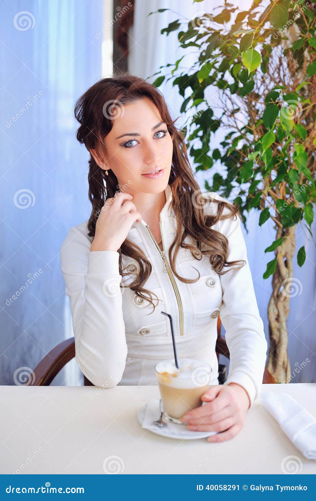 Beautiful Girl Sitting at Table in Cafe Stock Image - Image of ...