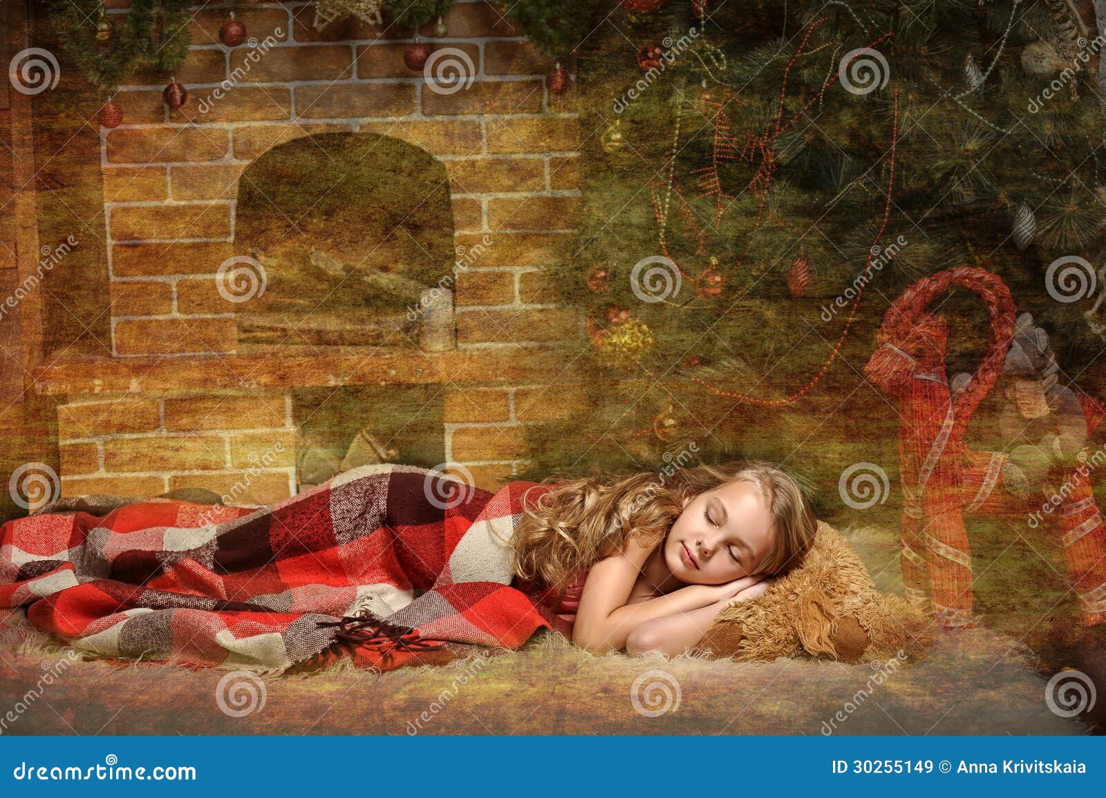 Girl Sleeps beside a Christmas Tree Stock Image - Image of merry ...