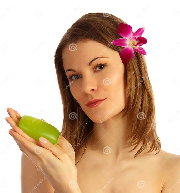 Beautiful Girl With A Soap Bar Isolated On White Stock Image Image