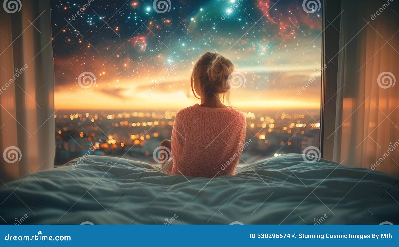 Beautiful Girl Stargazing through a Window at a Peaceful Cosmic Starry ... Beautiful Girl Stargazing through a Window at a Peaceful Cosmic Starry ...