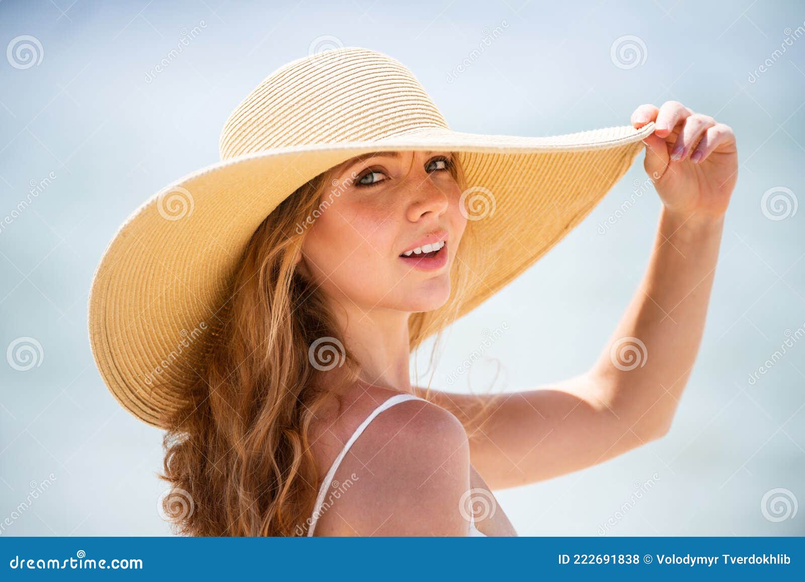 Beautiful Girl With Straw Hat Enjoying Sunbath At Beach Young Tanned