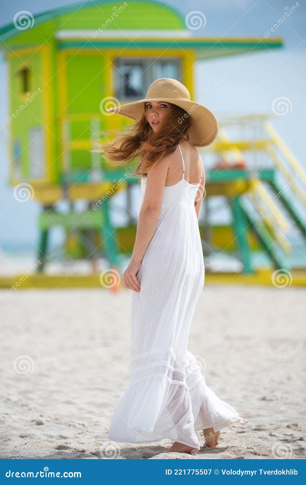 Beautiful Girl With Straw Hat Enjoying Sunbath At Beach Young Tanned