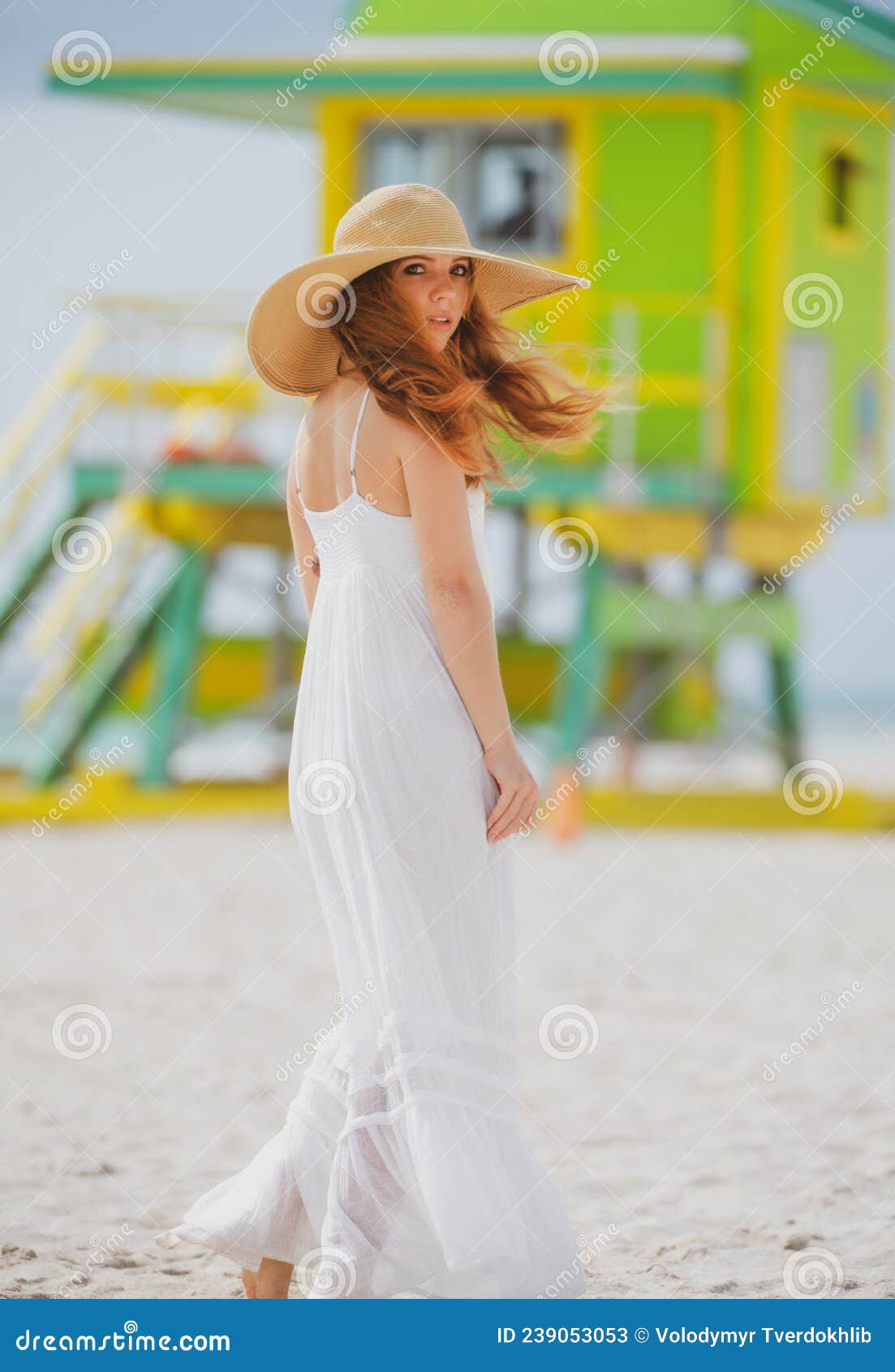 Beautiful Girl With Straw Hat Enjoying Sunbath At Beach Young Tanned