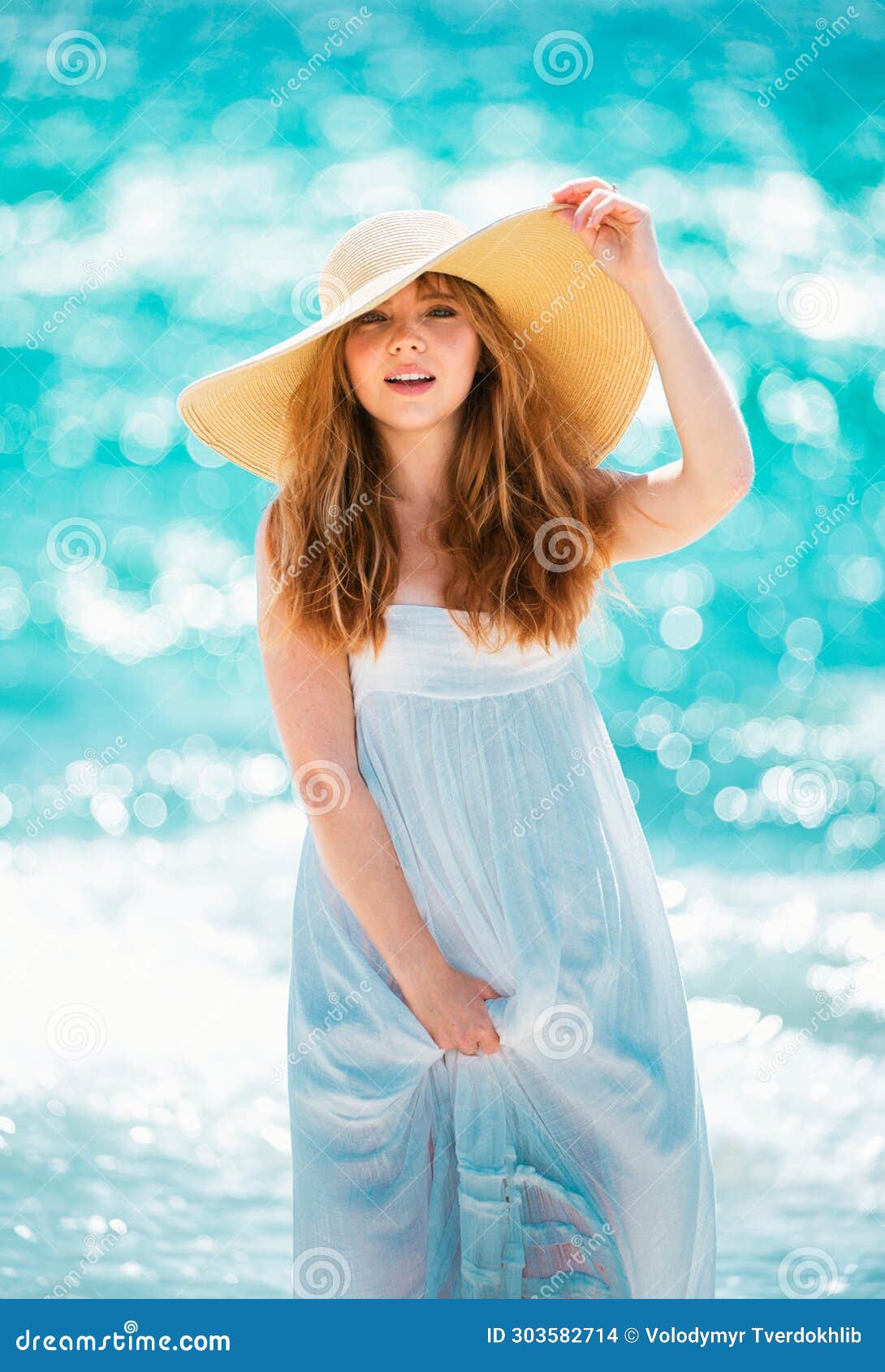 Beautiful Girl With Straw Hat Enjoying Sunbath At Beach Young Tanned