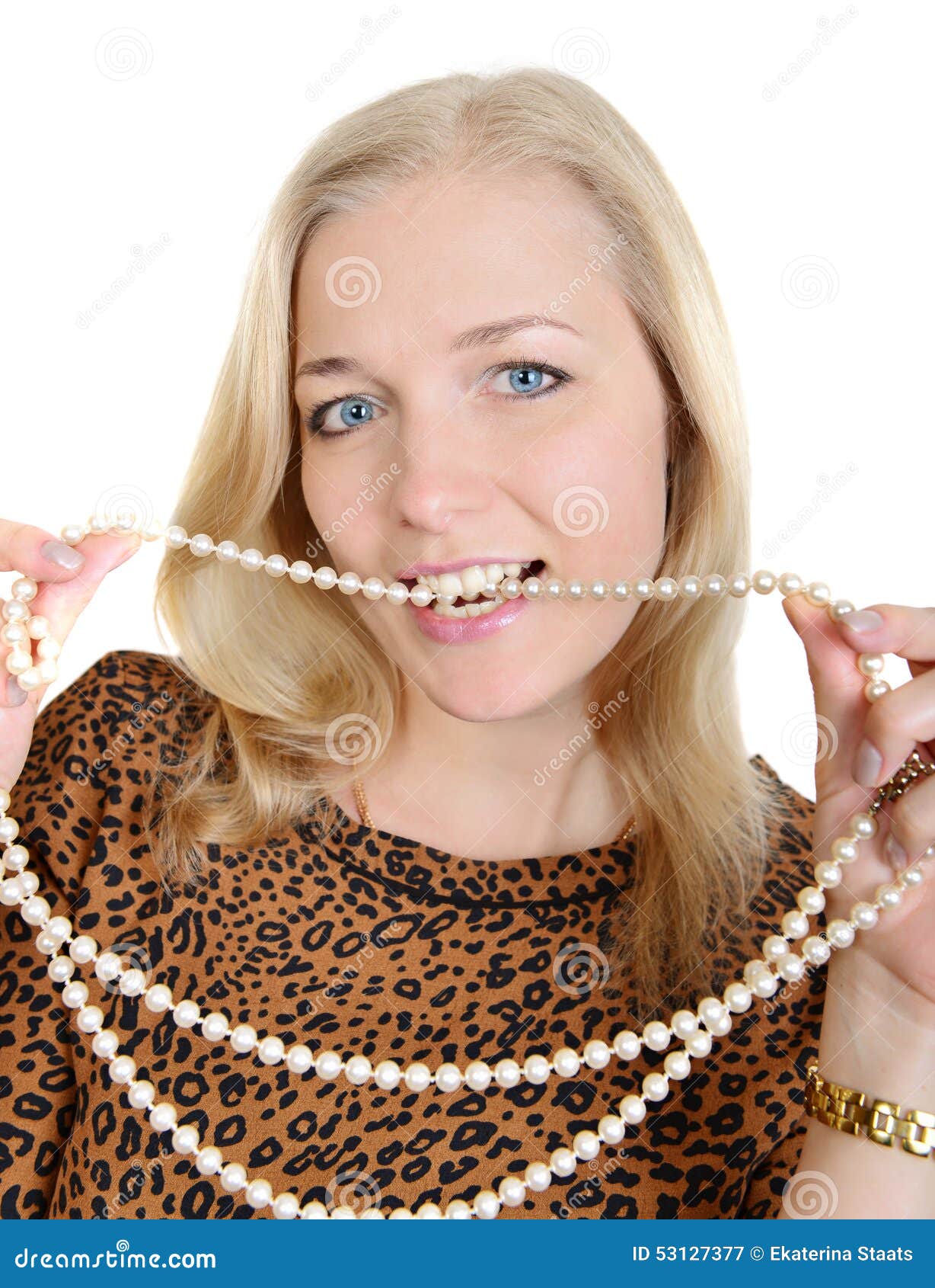 Beautiful Girl a String of Pearls between Her Teeth Stock Image - Image ...