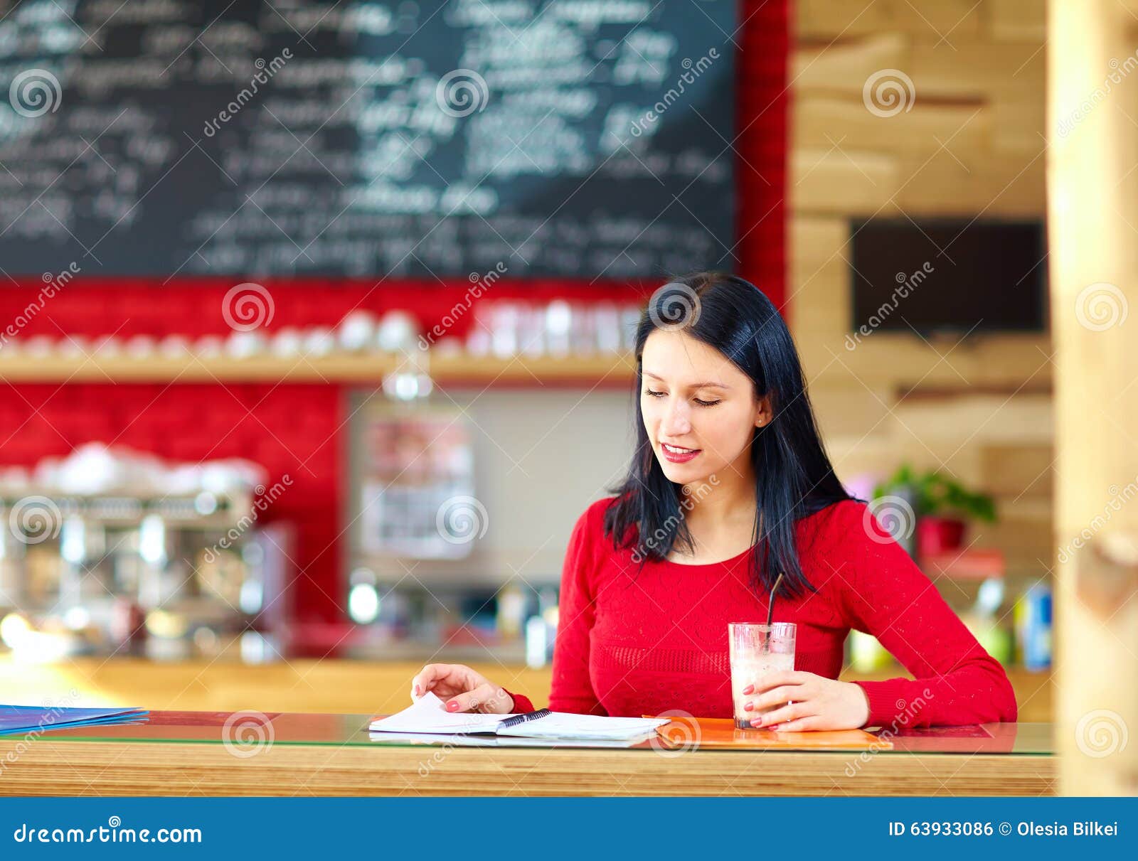 Beautiful Girl Studying in Cafe Stock Photo - Image of colorful, apple ...