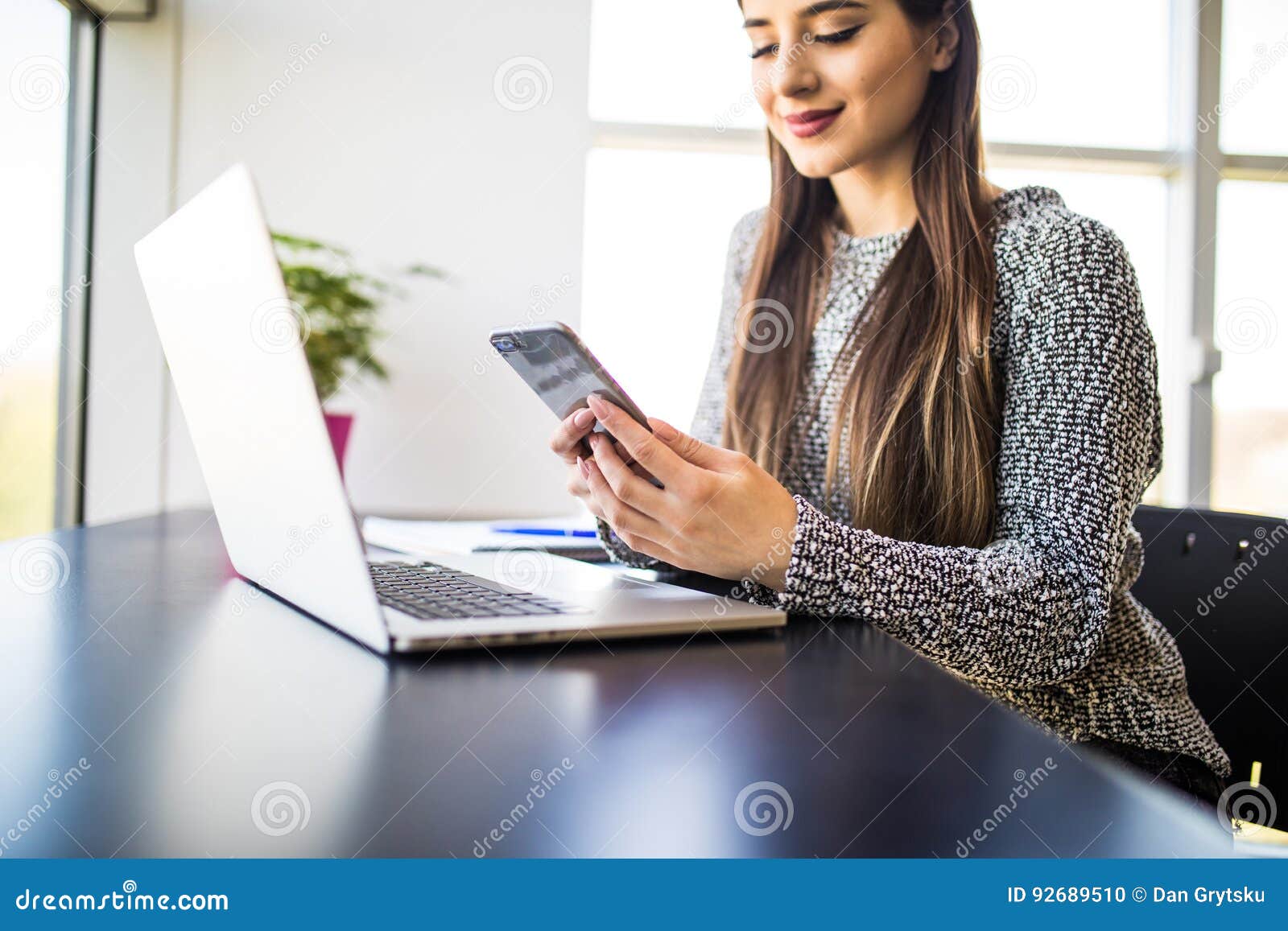 Beautiful Girl Successful Freelancer Using Laptop Computer and Write ...