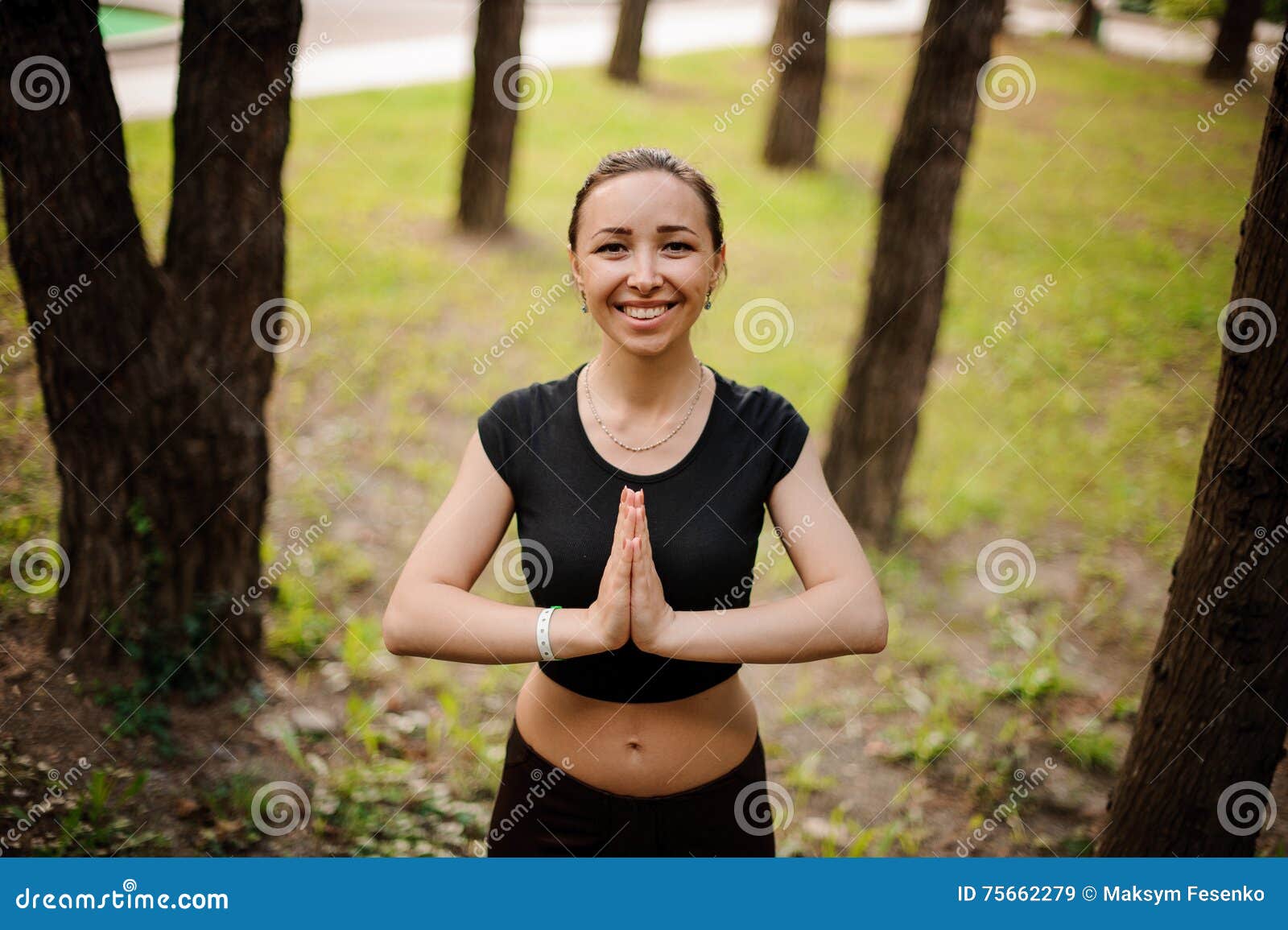 Beautiful Girl Thanks Namaste in Forest Stock Image - Image of shine ...