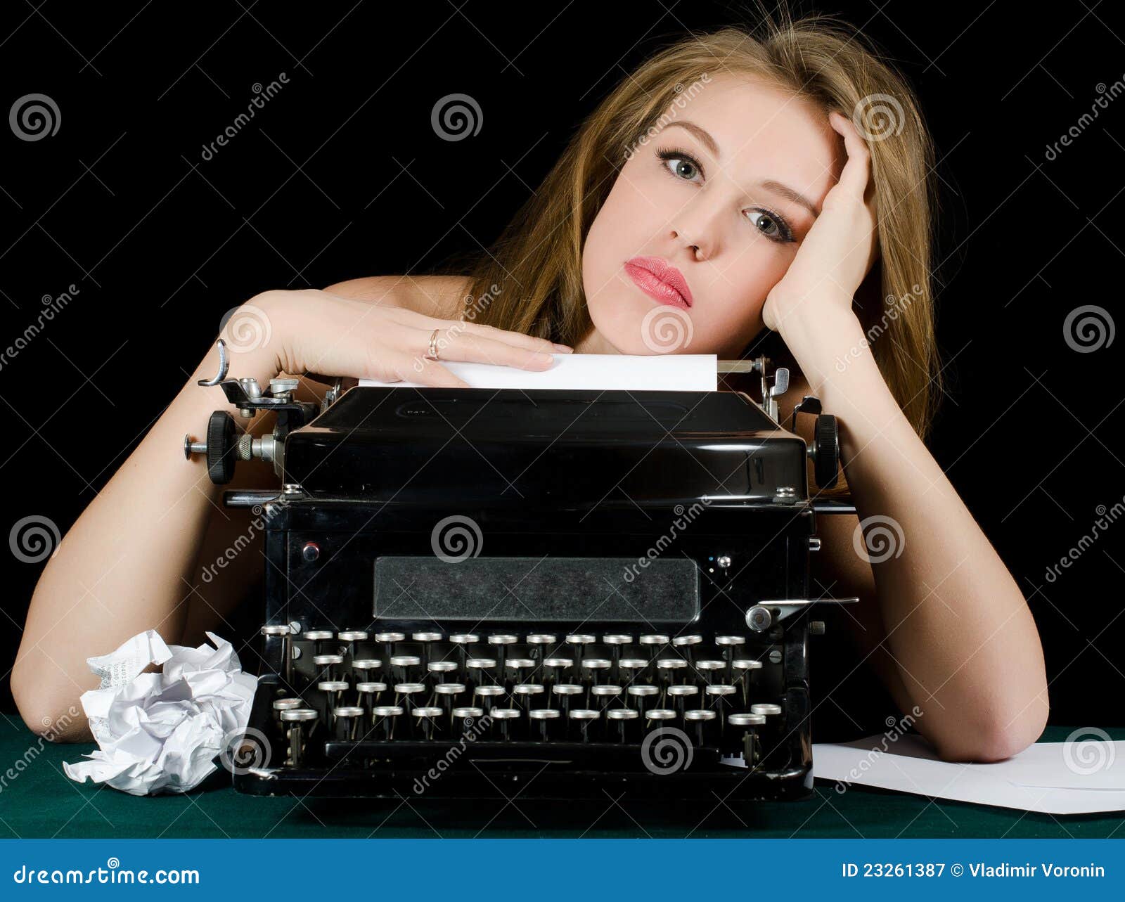 The Beautiful Girl at a Typewriter. a Retro Style Stock Image - Image ...