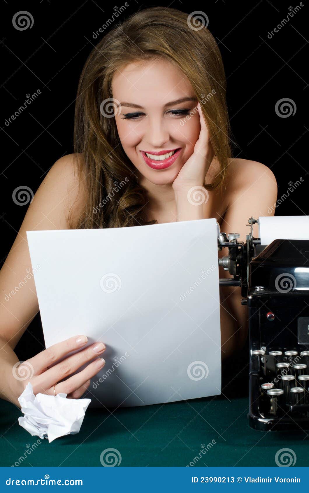 The Beautiful Girl at a Typewriter. a Retro Style Stock Image - Image ...