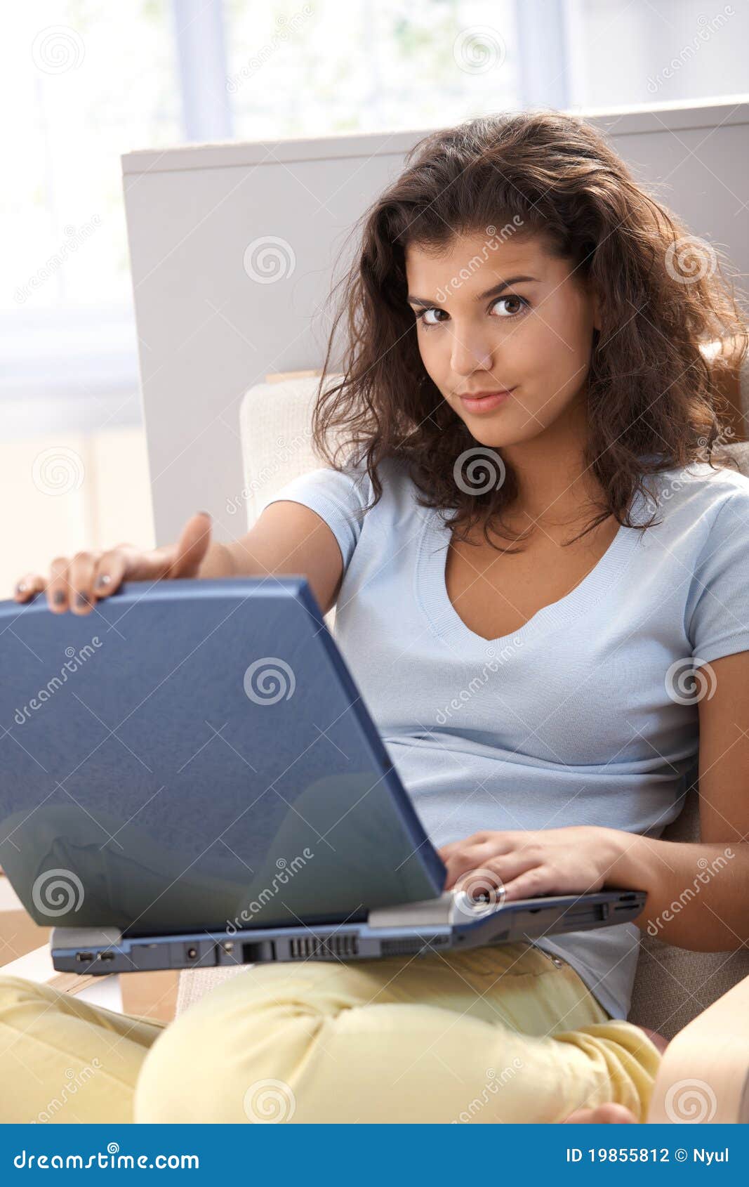 Beautiful Girl Using Computer at Home Stock Photo - Image of casual ...