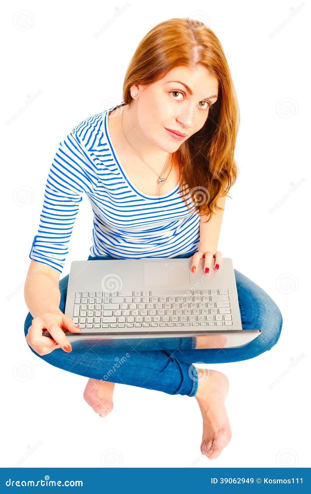 Beautiful Girl Working at Laptop on the Floor Stock Image - Image of ...