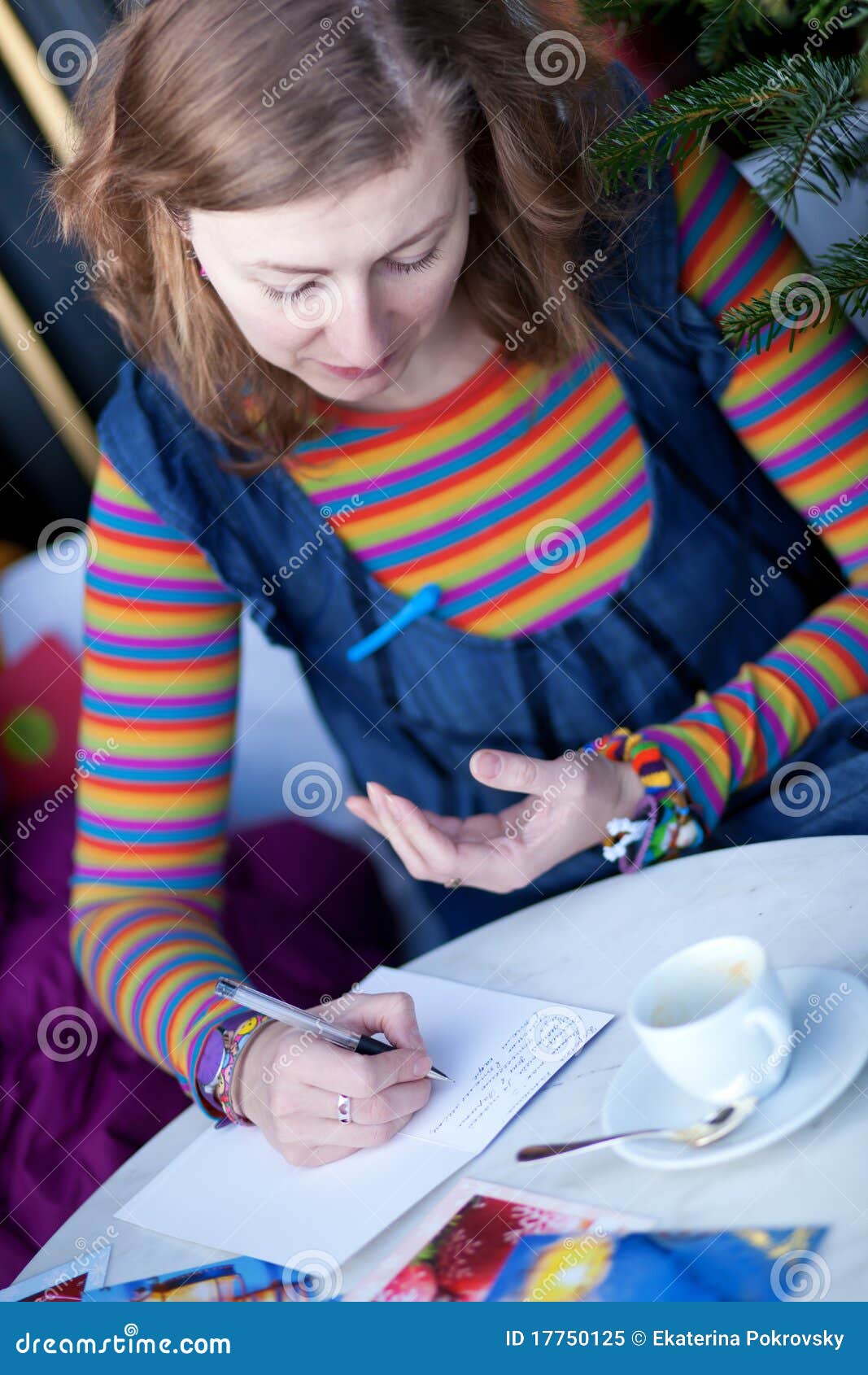 Beautiful Girl Writing Postcards in Cafe Stock Image - Image of bright ...