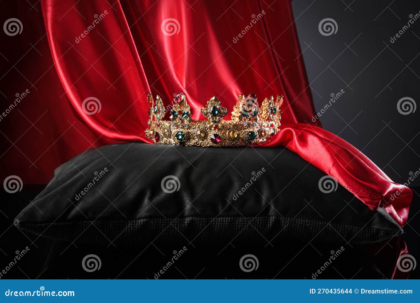 Beautiful Golden Crown with Gems on Black Pillow Stock Photo - Image of ...
