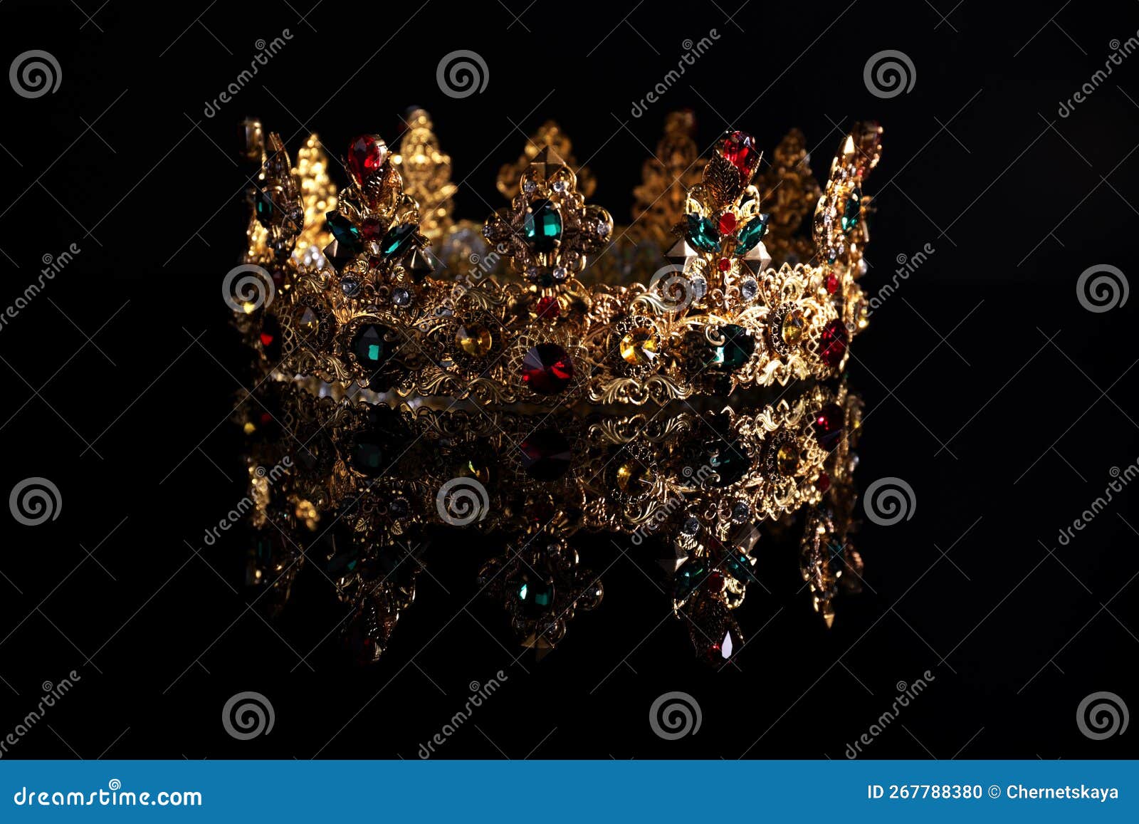 Beautiful Golden Crown with Gems on Dark Mirror Surface Stock Photo ...