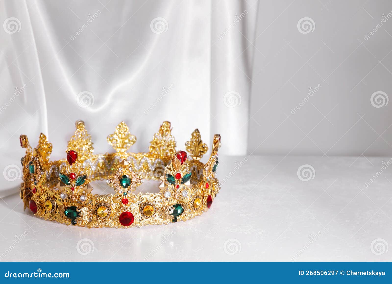 Beautiful Golden Crown with Gems on Light Grey Table. Space for Text ...