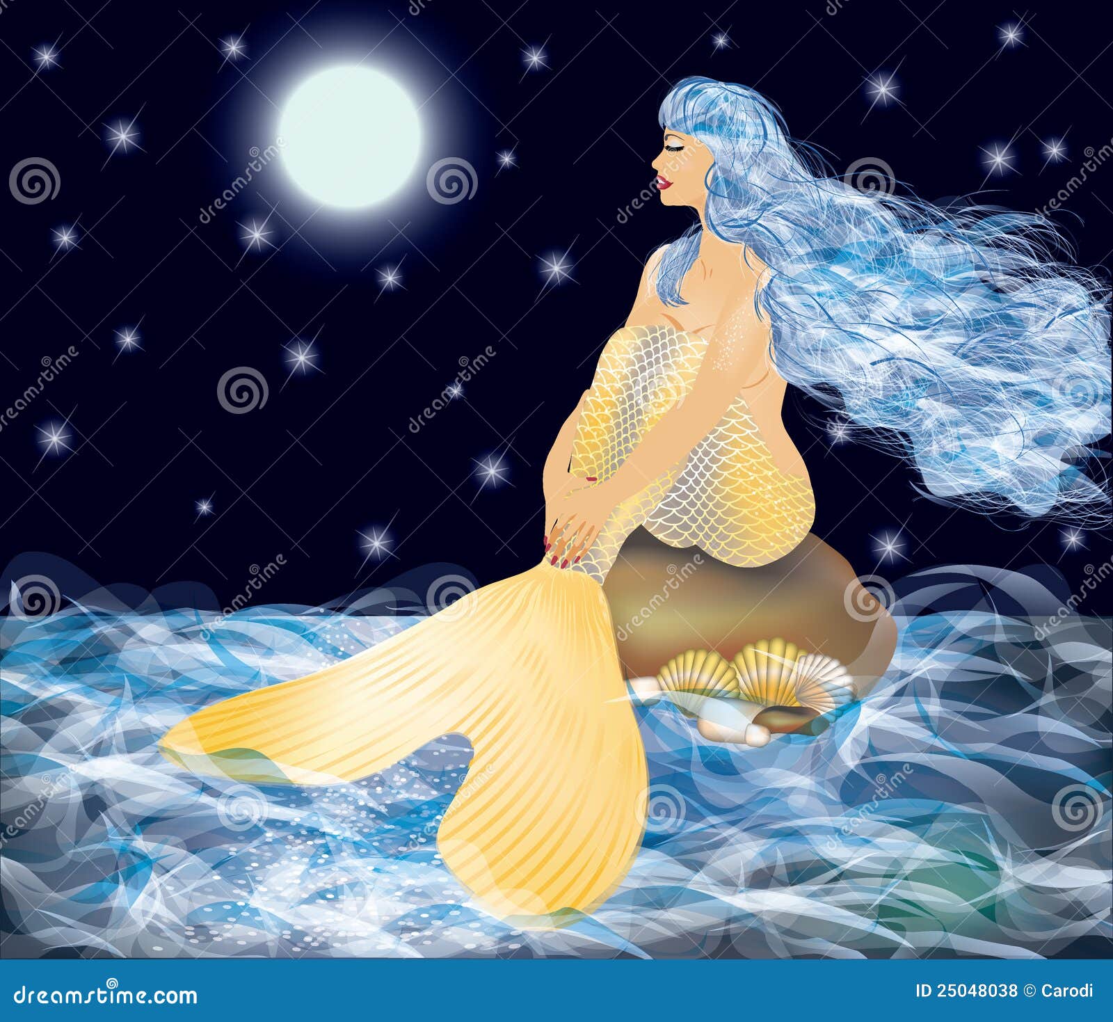 Beautiful Golden Mermaid and Moonlight Stock Illustration ...
